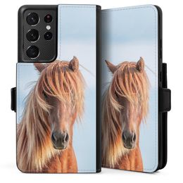 DeinDesign Galaxy S21 Ultra 5G Handy Klapph&uuml;lle Handyh&uuml;lle aus Kunst Leder schwarz Flip Case Animals Animal Look Horse Sideflip mit Lasche