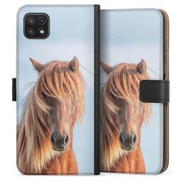 DeinDesign Galaxy A22 5G Handy Klapph&uuml;lle Handyh&uuml;lle aus Kunst Leder schwarz Flip Case Horse Animals Animal Look Sideflip mit langer Lasche