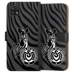 DeinDesign Galaxy A22 5G Handy Klapph&uuml;lle Handyh&uuml;lle aus Kunst Leder schwarz Flip Case Msv Duisburg Zebra Muster Sideflip mit langer Lasche