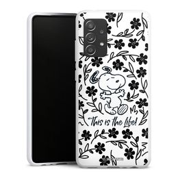 DeinDesign Galaxy A52s 5G Handy Silikon H&uuml;lle Case wei&szlig; Handyh&uuml;lle Flowers Snoopy Peanuts Silikon Case