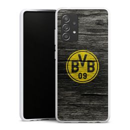 DeinDesign Galaxy A52s 5G Handy Silikon H&uuml;lle Case wei&szlig; Handyh&uuml;lle Wooden Look Bvb Borussia Dortmund Silikon Case