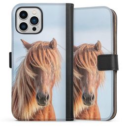 DeinDesign iPhone 13 Pro Max Handy Klapph&uuml;lle Handyh&uuml;lle aus Kunst Leder schwarz Flip Case Animals Animal Look Horse Sideflip mit langer Lasche