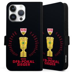DeinDesign iPhone 14 Pro Max Handy Klapph&uuml;lle Handyh&uuml;lle aus Kunst Leder schwarz Flip Case Trophy Official Licensed Product Vfb Stuttgart Sideflip mit Lasche