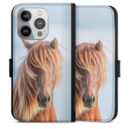 DeinDesign iPhone 14 Pro Handy Klapph&uuml;lle Handyh&uuml;lle aus Kunst Leder schwarz Flip Case Animals Animal Look Horse Sideflip mit langer Lasche
