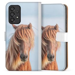DeinDesign Galaxy A33 5G Handy Klapph&uuml;lle Handyh&uuml;lle aus Kunst Leder wei&szlig; Flip Case Horse Animals Animal Look Sideflip mit Lasche