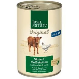 REAL NATURE Nassfutter Hund, Adult, Kalbsherzen und Huhn 12x400 g
