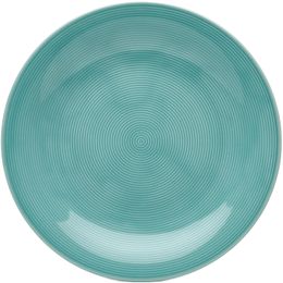 Speiseteller Van Well "Jive, flacher Teller 25 cm, 6 Stück", blau (türkis), H:2,8cm Ø:25cm, Porzellan, Speiseteller, dezentes Spiraldekor, spülmaschinen-und mikrowellengeeignet