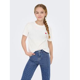 Kurzarmshirt KIDS Only "KOGMAIKEN LIFE CROPHEART SS TOP JRS NOOS", M&auml;dchen, Gr. 122/128, rot (cloud dancer print:heart emb., equestian rot), Jersey, Obermaterial: 100% Baumwolle, unifarben, regular fit h&uuml;ftlang, Rundhals, abgesteppte Kante, Shirts, mit kleinem Herzchenmotiv auf der Brust