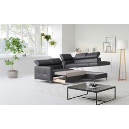 Ecksofa COTTA "Sammy L-Form", schwarz, B:239cm H:74cm T:207cm, Microfaser Primabelle (100% Polyester);Die R&uuml;ckseite und die Liegefl&auml;che der Bettfunktion in NaturLEDER ist mit schwarzem Spannstoff bezogen, Sofas, Ecksofa, mit Kopfteilverstellung, wahlweise mit Bettfunktion & Bettkasten