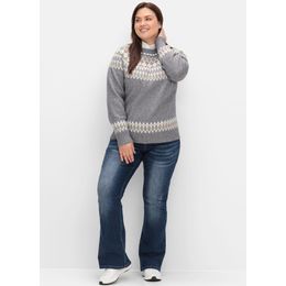 Jacquardpullover sheego by Joe Browns "Strickpullover", Damen, Gr. 40/42, grau (grau meliert), 47% Viskose, 29% Polyester, 21% Polyamid, 3% Elasthan, gemustert, mehrfarbig, Pullover