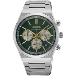 Seiko Chronograph Quarzuhr, Armbanduhr, Herrenuhr, Edelstahlarmband, analog, Tag silberfarben-grün Mondäner Chronograph für Herren