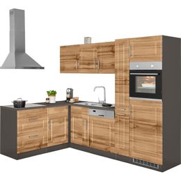 KOCHSTATION Winkelk&uuml;che &raquo;KS-Stockholm&laquo; Stellbreite 260/170 cm, mit hochwertigen MDF Fronten im Landhaus-Stil K&uuml;che: natur + Korpus: grafit +...