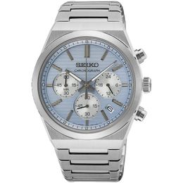 Seiko Chronograph Quarzuhr, Armbanduhr, Herrenuhr, Edelstahlarmband, analog, Tag silberfarben-hellblau 0 Mondäner Chronograph für Herren