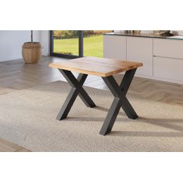 Esstisch 80x80 cm Baumkante Holz Wildeiche-Optik X-Gestell Metall schwarz JULIUS