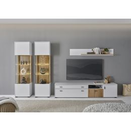 Wohnwand Inosign "HUDSON", weiß (weiß matt tz, applikation evoke eiche mdf tz), B:316cm H:180cm T:42cm, Kastenmöbel-Sets, mit moderner Rillenoptik, Griffe aus Metall (Schwarz), Breite 316 cm