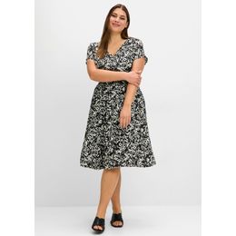 Sommerkleid sheego "Sommerkleid", Damen, Gr. 46, Normalgr&ouml;&szlig;en, schwarz (schwarz bedruckt), 100% Viskose, bedruckt, gemustert, wadenlang, V-Ausschnitt, Kleider Sommerkleid