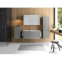 Nobilia Badmöbel-Set: Waschtisch Schiefergrau Hochglanz 120 cm | Bügelgriff Edelstahloptik | mit Einbau-Waschbecken & Spiegelschrank