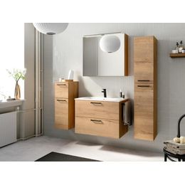 Nobilia Badmöbel-Set: Waschtisch Eiche Sierra Nb. 80 cm | Bügelgriff Schwarz | mit Einbau-Waschbecken & Spiegelschrank