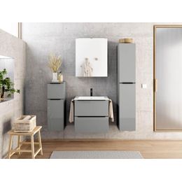 Nobilia Badm&ouml;bel-Set: Waschtisch Schiefergrau Hochglanz 60 cm | Griffleiste Schwarz | mit Einbau-Waschbecken & Spiegelschrank