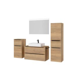 Nobilia Badmöbel-Set: Waschtisch Eiche Sierra Nb. 100 cm | Griffleiste Schwarz | mit Aufsatz-Waschbecken eckig & Flächenspiegel eckig