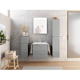 Nobilia Badm&ouml;bel-Set: Waschtisch Schiefergrau Hochglanz 60 cm | B&uuml;gelgriff Edelstahloptik | mit Einbau-Waschbecken & Fl&auml;chenspiegel eckig
