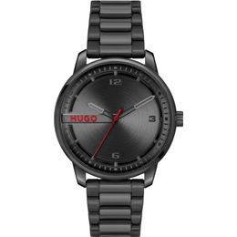 Quarzuhr Hugo "STAMP", schwarz (schwarz, schwarz), Armbanduhren, Herren, Armbanduhr, Herrenuhr, analog, Edelstahlarmband