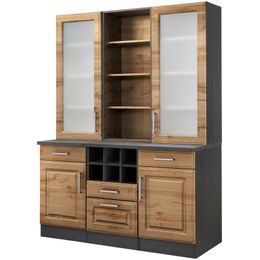 Küchenbuffet KOCHSTATION, B:150cm H:200cm T:60cm, grau, Holzwerkstoff, MDF, Schränke, "KS-Stockholm", hochwertige MDF-Fronten, 2 Glasrahmentüren, 200