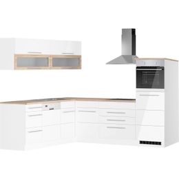 Winkelküche KOCHSTATION "KS-Wien", weiß (küche: weiß, front: hochglanz weiß, korpus: weiß, arbeitsplatte: eiche sonoma), B:220cm H:200cm T:250cm, Komplettküchen-Sets, Stellbreite 220 x 250 cm, wahlweise mit E-Geräten