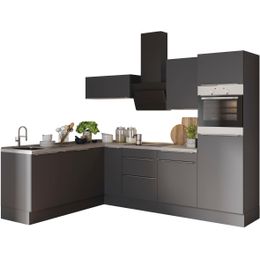 Winkelk&uuml;che KOCHSTATION, B:270cm H:212cm T:60cm, grau, Komplettk&uuml;chen-Sets, "KS-Aken", wahlweise mit E-Ger&auml;ten und Stellvariante Sp&uuml;le links oder