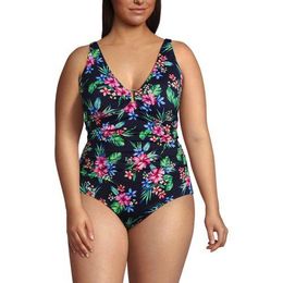 LANDS' END Badeanzug mit Ringdetail und V-Ausschnitt, Damen,  Blau, Nylon-Mischung, by Lands' End