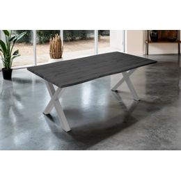 Esstisch 200x100 cm Baumkante Holz Grau-Optik X-Gestell Metall silber JOSY