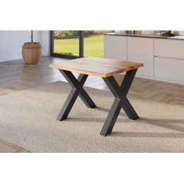 Esstisch 80x80 cm Baumkante Holz Wildeiche-Optik X-Gestell Metall schwarz JULIUS
