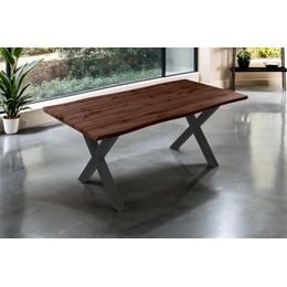 Esstisch 180x90 cm Baumkante Holz Nussbaum-Optik X-Gestell Metall schwarz JOSY