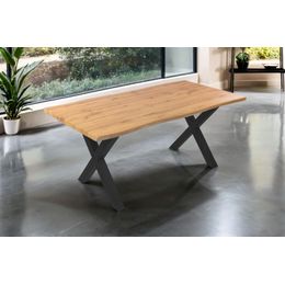 Esstisch 180x90 cm Baumkante Holz Wildeiche-Optik X-Gestell Metall schwarz JOSY