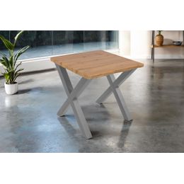Esstisch 80x80 cm Baumkante Holz Wildeiche-Optik X-Gestell Metall silber JOSY