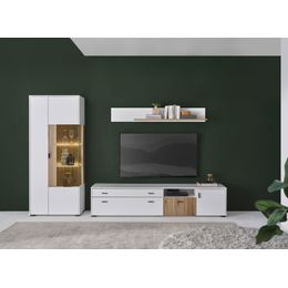 Wohnwand Inosign "HUDSON", weiß (weiß matt tz, applikation evoke eiche mdf tz), B:285cm H:180cm T:42cm, Kastenmöbel-Sets, mit moderner Rillenoptik, Griffe aus Metall (Schwarz), Breite 285 cm