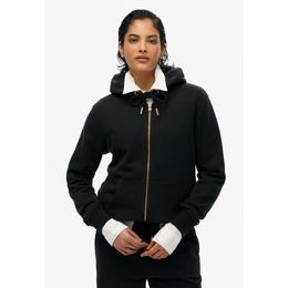 Kapuzensweatjacke Superdry "ESSENTIAL LOGO ZIPHOOD HB", Damen, Gr. XS, schwarz, Sweatware, Obermaterial: 80% Baumwolle, 20% Polyester, unifarben, Casual, relaxed fit hüftbedeckend, Rippbündchen, Sweatjacken