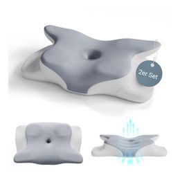 Juskys Nackenkissen 2er Set - Ergonomisch & Memory-Foam, Anpassungsf&auml;hig, Atmungsaktiv - wei&szlig; / grau