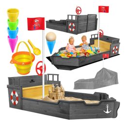 Kidiz&reg; Sandkasten Ahoi - Piratenschiff Boot Segelschiff aus Holz Inkl. Abdeckung, Bodenplane, Sitzbank, Flaggenmast, Sandspielzeug Gro&szlig;e Kinder Sandkiste f&uuml;r den Garten Outdoor Sandbox
