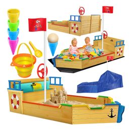 Kidiz&reg; Sandkasten Ahoi - Piratenschiff Boot Segelschiff aus Holz Inkl. Abdeckung, Bodenplane, Sitzbank, Flaggenmast, Sandspielzeug Gro&szlig;e Kinder Sandkiste f&uuml;r den Garten Outdoor Sandbox