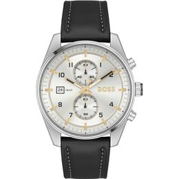 BOSS Herren Chronograph "SKYTRAVELLER", schwarz, Armbanduhren, Quarzuhr, Herrenuhr, Armbanduhr, Stoppfunktion, Lederarmband