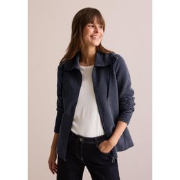 Cecil Damen Cardigan, blau, Gr. S, unifarben, Web, 61% Baumwolle, 37% Polyester, 2% Elasthan, Strickjacken, mit Tunnelzugband am Kragen