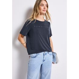 T-Shirt Street One, Damen, Gr. 38, blau (deepwater blau), Jersey, Obermaterial: 70% Modal, 30% Polyester, bedruckt, unifarben, l&auml;ssig geschnitten h&uuml;ftbedeckend, Rundhals, Shirts T-Shirt, mit Wording und Schmucksteinen