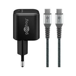goobay USB-C Ladeset, PD, 65 Watt, USB-C Textilkabel, Ladeger&auml;t schwarz, 1x USB-C PD, GaN, 1 Meter Kabel