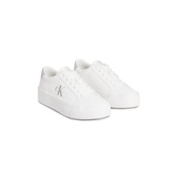 Plateausneaker Calvin Klein Jeans "VULC FLATF LTH SILVER LOGO TAG", Damen, Gr. 37, silber (weiß, silberfarben), Leder, Lederimitat, unifarben mit Farbeinsatz, Schuhe, Halbschuh, Schnürschuh, Freizeitsneaker mit Logo