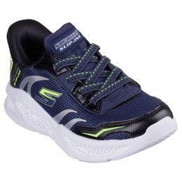 Slip-On Sneaker Skechers "Skechers METEOR-LIGHTS", Kinder, Gr. 29, blau (navy, schwarz), Lederimitat, Textil, kontrastfarbene Details, Schuhe, Schlupfschuh mit cooler Blinkfunktion, Größenschablone zum Download