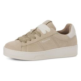 Plateausneaker Tamaris, Damen, Gr. 41, beige, Rindsleder, Sportlich, Schuhe, Freizeitschuh, Halbschuh, Schnürschuh mit seitlichem Logoschriftzug