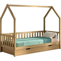 Hausbett Vipack "Cabane, mit Dachaufbau, Bettschublade auf Rollen u. Sprossenumrandung", braun (eiche natur, eiche natur, eiche natur), B:98cm H:169cm L:208cm, Betten, sehr stabil und standfest gebaut inkl. Massivholz Rolllattenrost