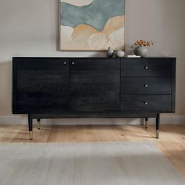 Sideboard FineBuy Anrichte 160 cm Massivholz Schwarz Kommode T&uuml;ren Schubladen