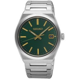 Seiko Quarzuhr Armbanduhr, Herrenuhr, Edelstahlarmband, analog, Datum silberfarben-grün Geschmackvolle Armbanduhr für Herren